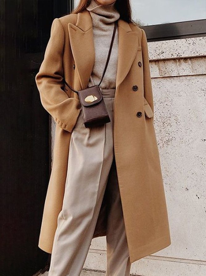 Khaki Daily Long sleeve Lapel Collar Urban Plain Overcoat | Stylewe_usapp