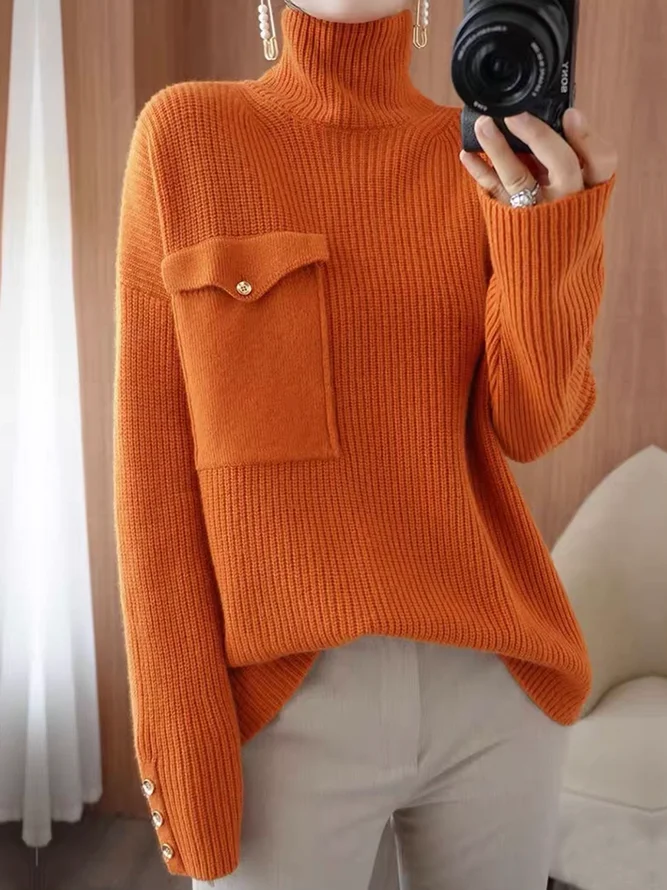 Loose Medium Elasticity Urban Turtleneck Long Sleeve Sweater | Tops | Women Plain Winter Urban ...