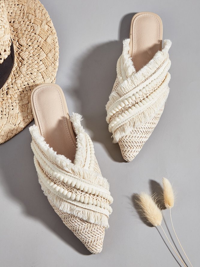Boho Furry Ball Fringe Flat Straw Mules | Shoes | Women Plain All ...