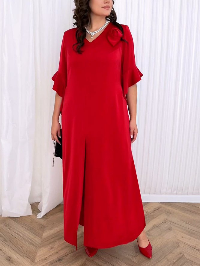 Satin Elegant Plain Ruffle Sleeve 3D Floral V Neck Maxi Dress | Dresses ...