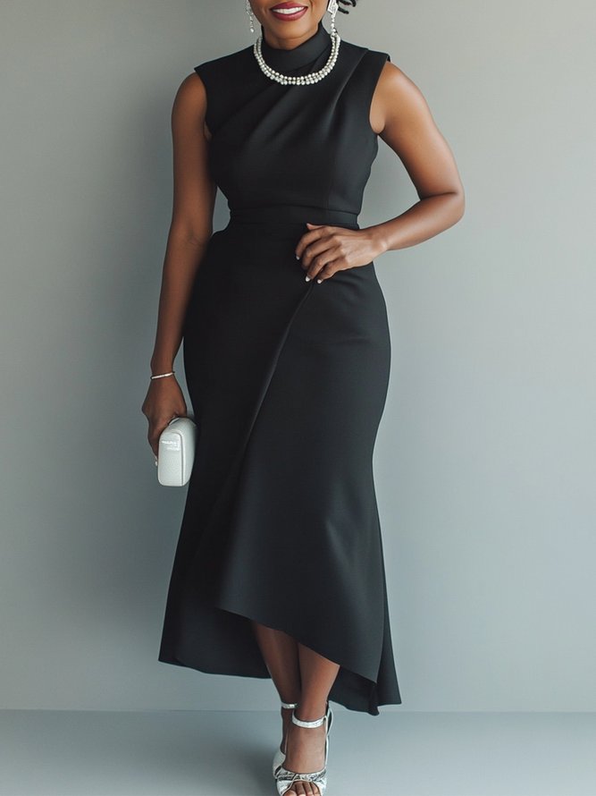 Elegant Plain Irregular Craftsmanship Stand Collar Maxi Dress | Dresses ...